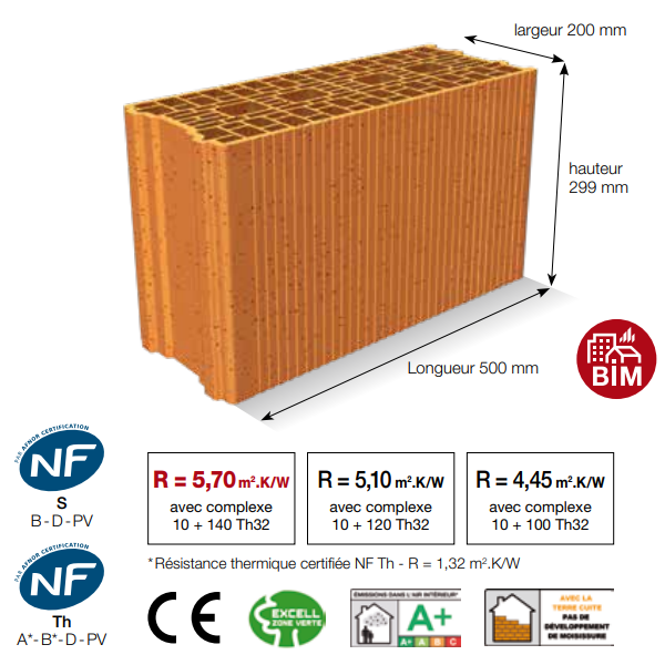 Brique Porotherm Homebric - RC 80 - R = 1,30 m².K/W - 500,0 MM x 200 MM ...