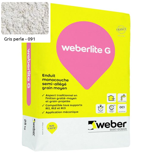 Enduit monocouche moyen WeberLite G 091 Gris perle - Sac de 25 KG