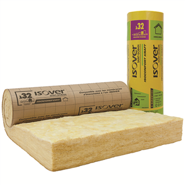 Rouleau isolant en laine de verre ISOCONFORT 32 Revêtu KRAFT R 6.25m².K ...