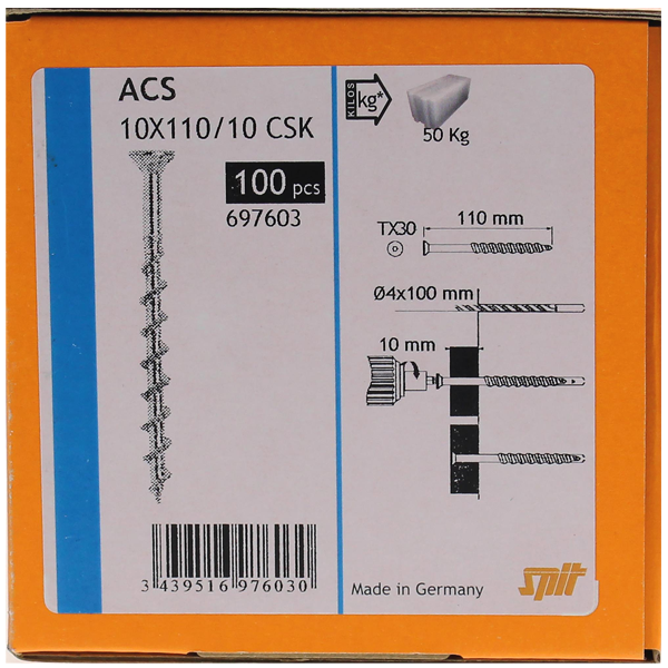 Vis à béton cellulaire avec tête fraisée Spit ACS CSK - 4 x 110 mm