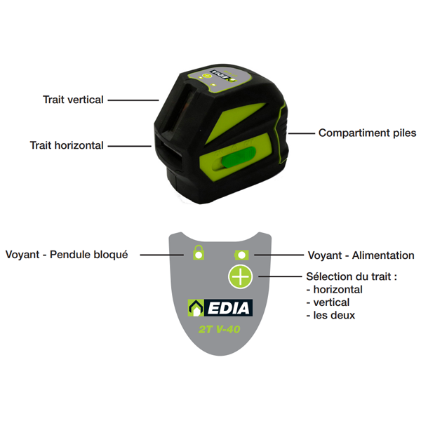 Niveau laser vert 2 plans pendulaire Edia V-40 à pile - portée de 40 m